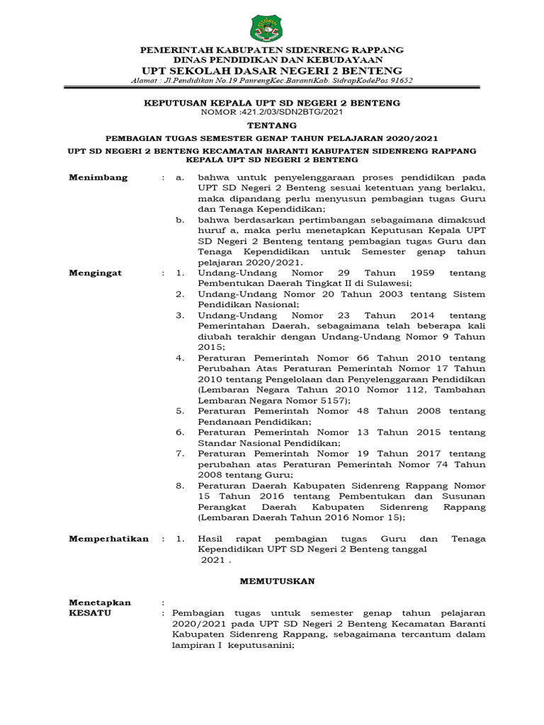 SK Pembagian Tugas 20202021 SMTR 2 | PDF