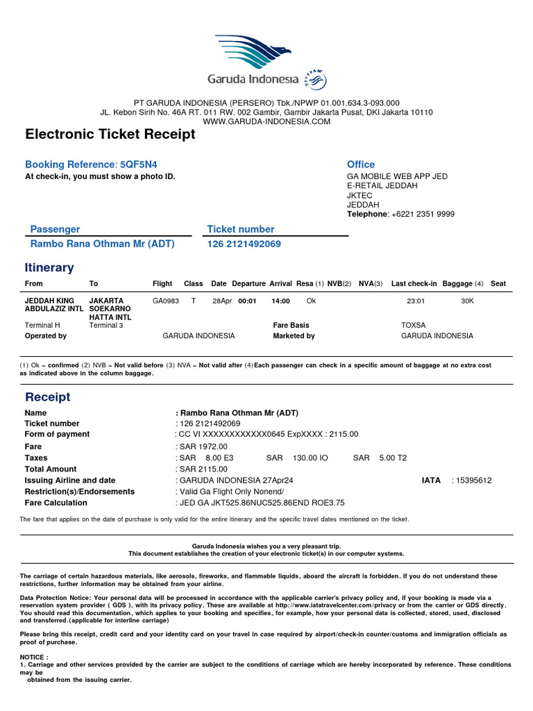 Garuda Indonesia Electronic Ticket Receipt | PDF | Dangerous Goods