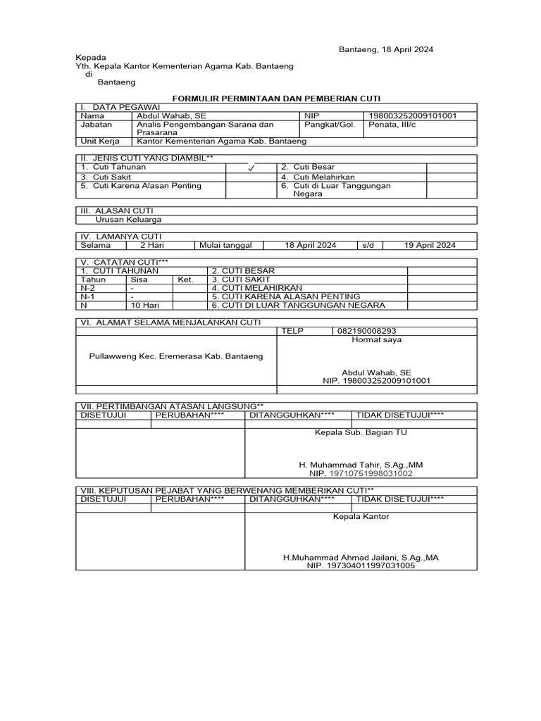 Contoh Format Cuti Baru | PDF
