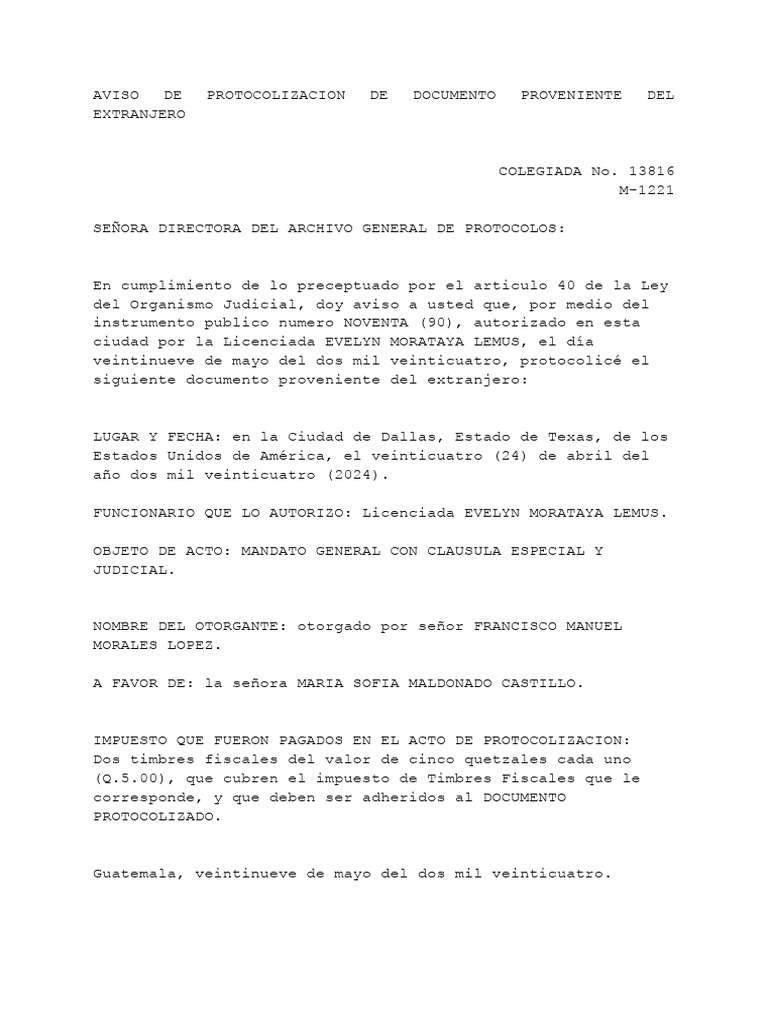 Aviso de Protocolizacion de Documento Proveniente Del Extranjero | PDF | Derecho