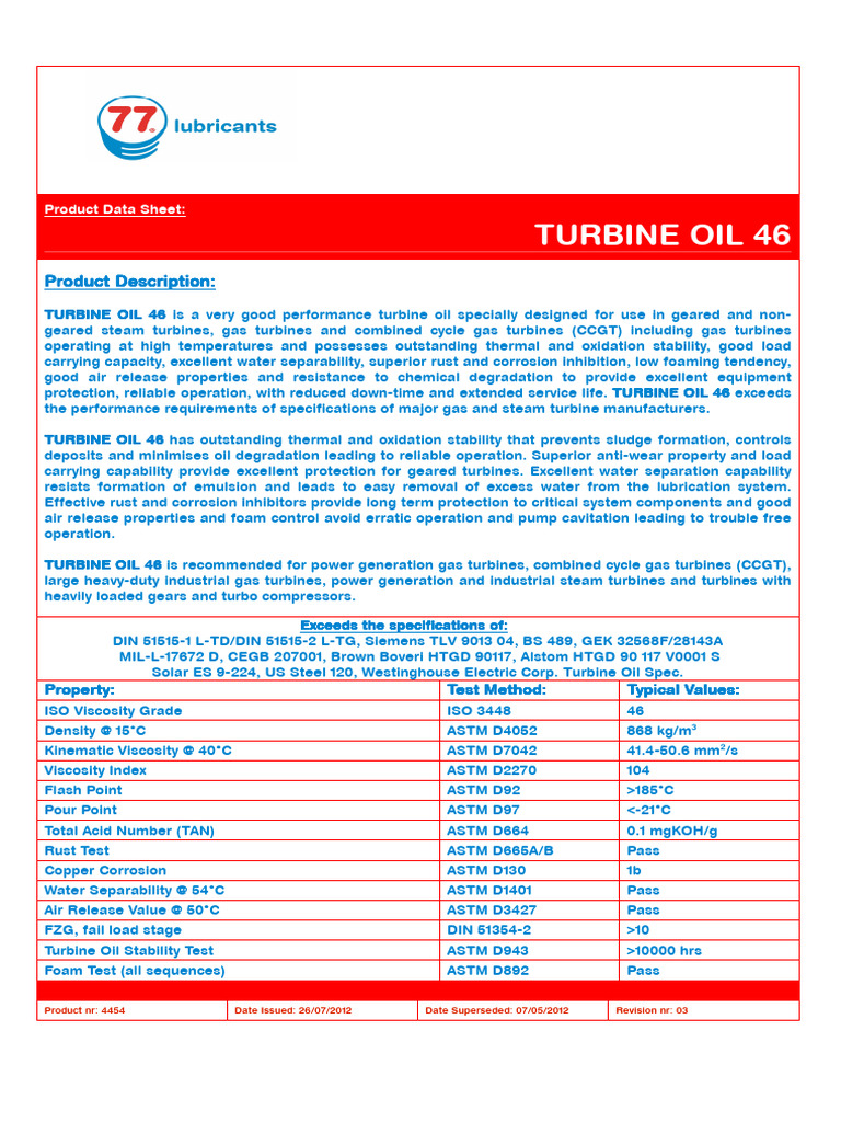 4454 Turbine Oil 46 | PDF | Motor Oil | Gas Turbine