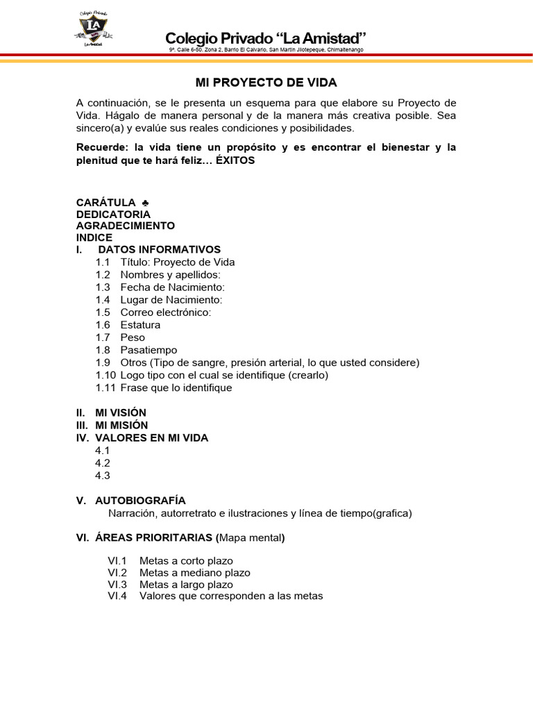 Esquema Proyecto De Vida Pdf