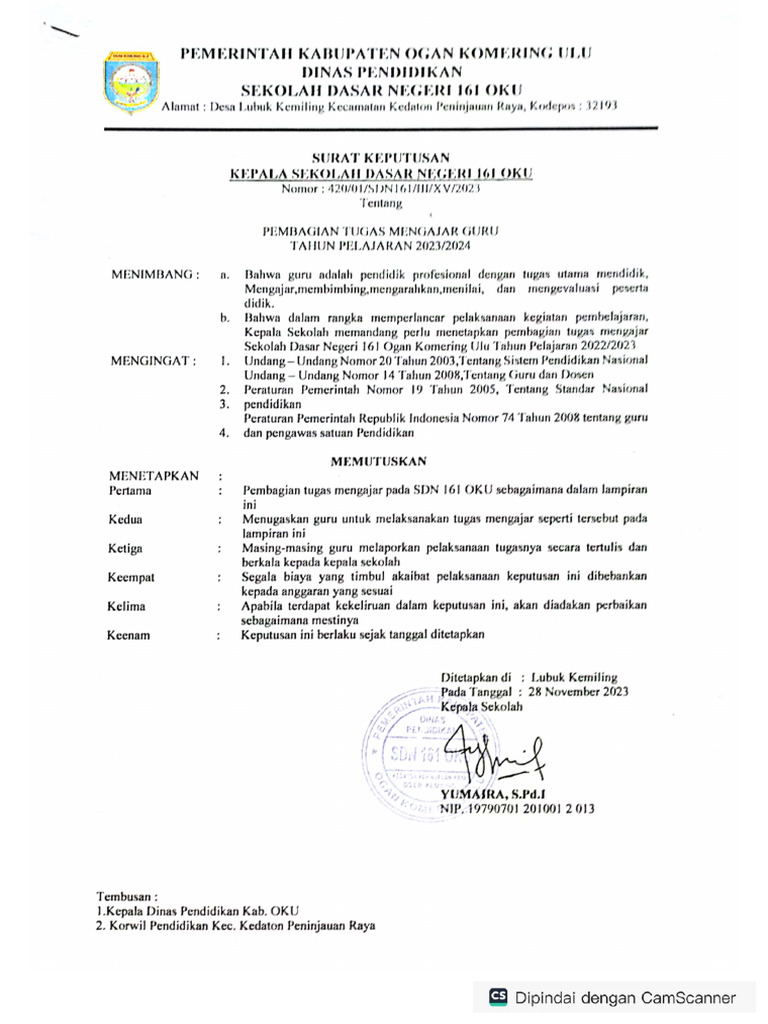 SK Pembagian Tugas SDN 161 Oku | PDF