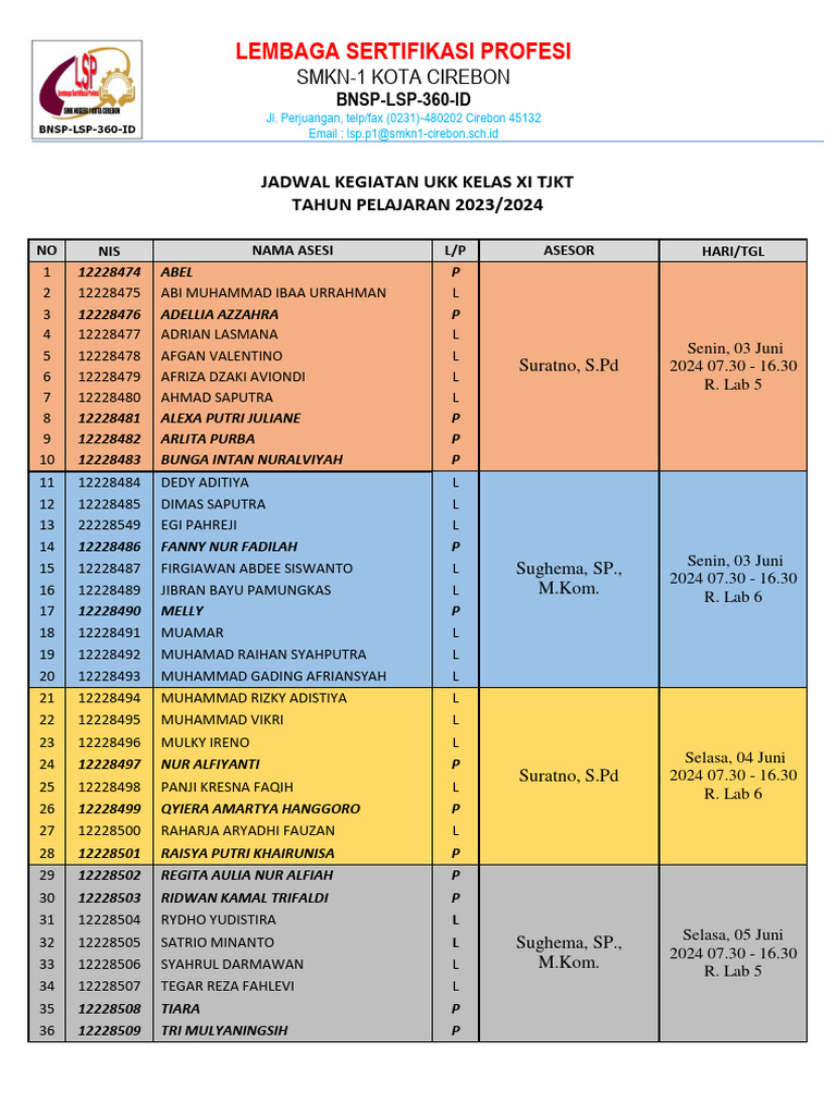 Jadwal Dan Daftar Assesor Xi TJKT 2024 LSP | PDF