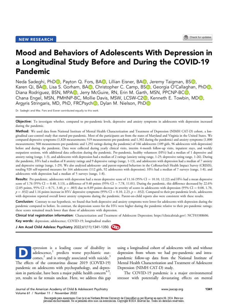 Mood and Behaviors of Adolescents With Depression in A Longitudinal ...