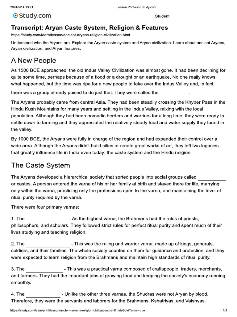 Aryan Caste System, Religion & Features | PDF