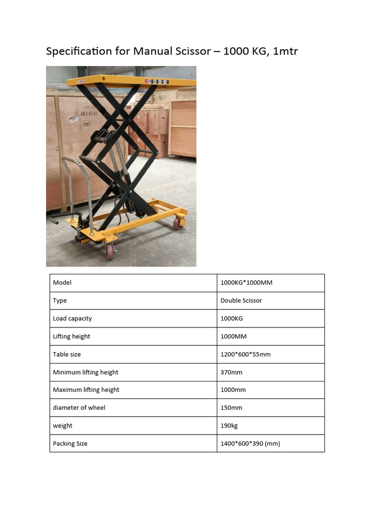 1000 KG Manual Scissor Specifications | PDF