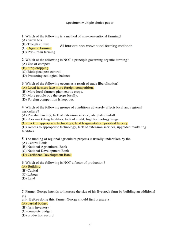 Specimen Multiple Choice Paper-Answers | PDF | Demand | Agriculture