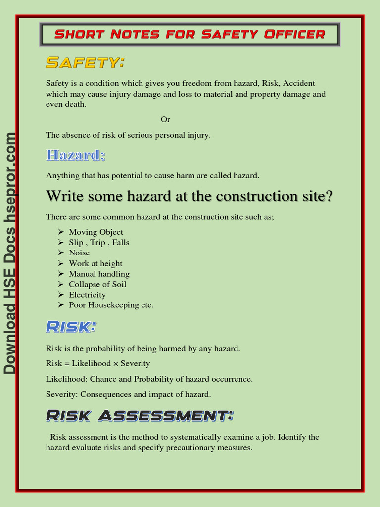 Short note for HSE officer | PDF | Risk | Fires