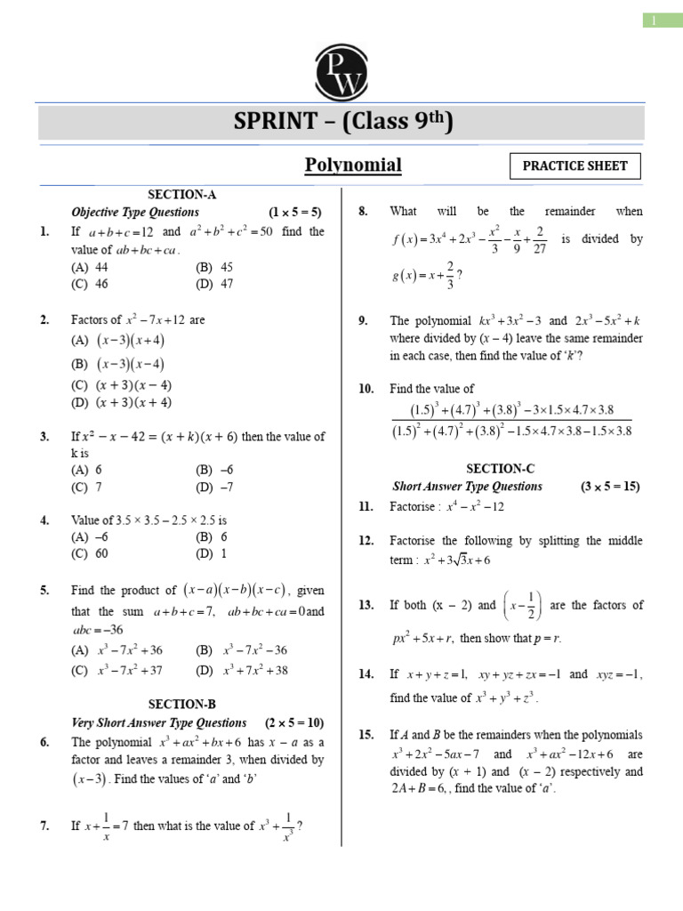 SPRINT - (Class 9) : Polynomial | PDF | Factorization | Mathematical Analysis