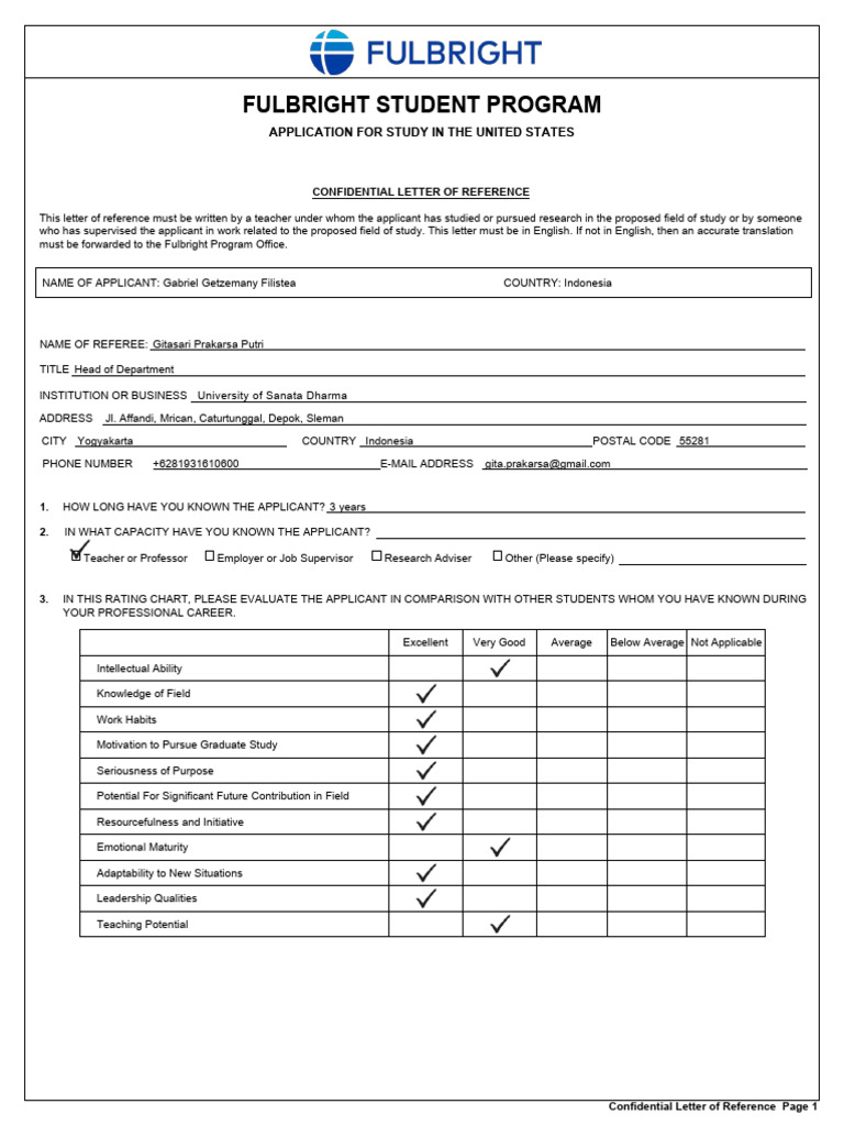 Fulbright Reference for Gabriel | PDF | Leadership | Cognition