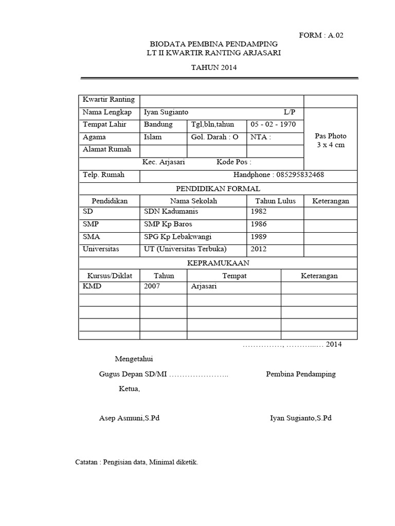 PDF Form A02 Biodata Pembina Pendamping LT II Kwartir Ranting Arjasari - Convert - Compress | PDF