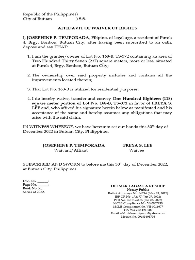 Affidavit of Waiver of Property Rights | PDF