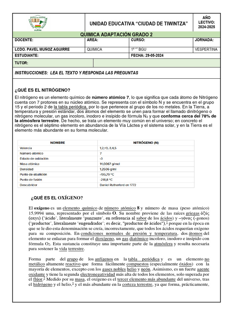 Tarea Virtual Grado 2 - 1ro - Quimica | PDF | Oxígeno | Elementos químicos