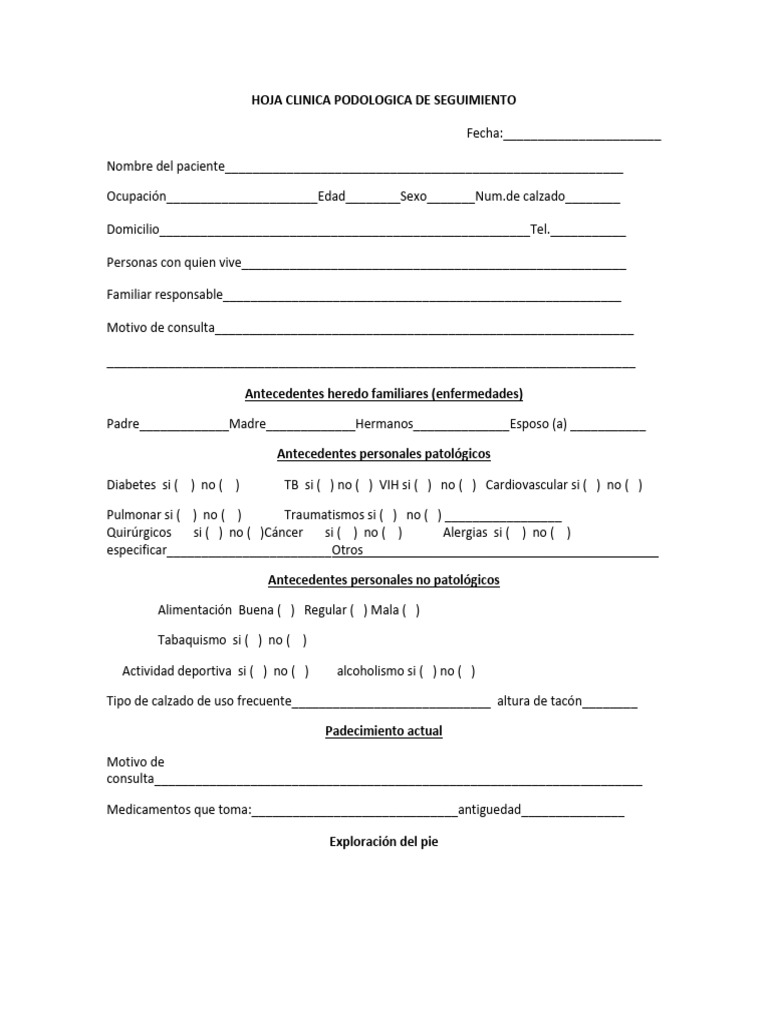 Hoja Clínica de Seguimiento Podológico | PDF | Dedo del pie | Medicina