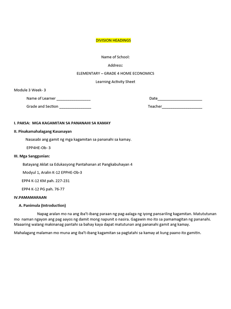 Grade 4 HE Kagamitan Sa Pananahi Sa Kamay LAS Q2W3 | PDF