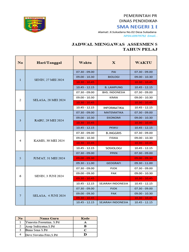 Jadwal Mengawas Assesmen Sumatif Dan PAT Semester Genap 2024 | PDF