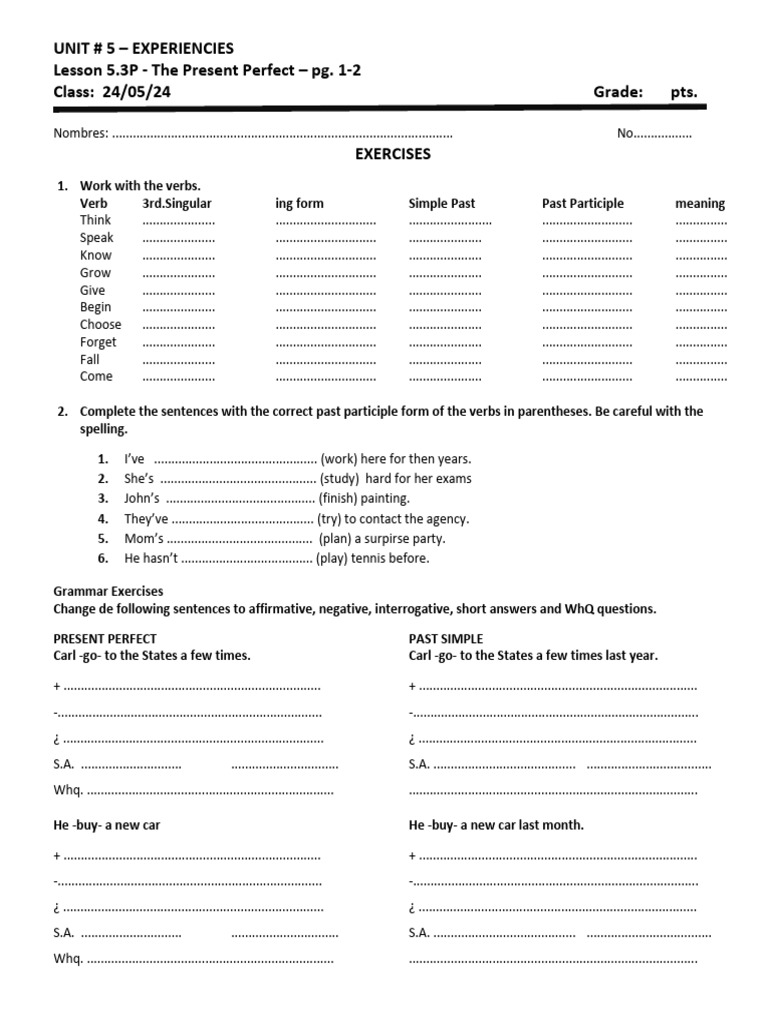 Present Perfect Grammar Exercises | PDF | Grammar | Semantic Units