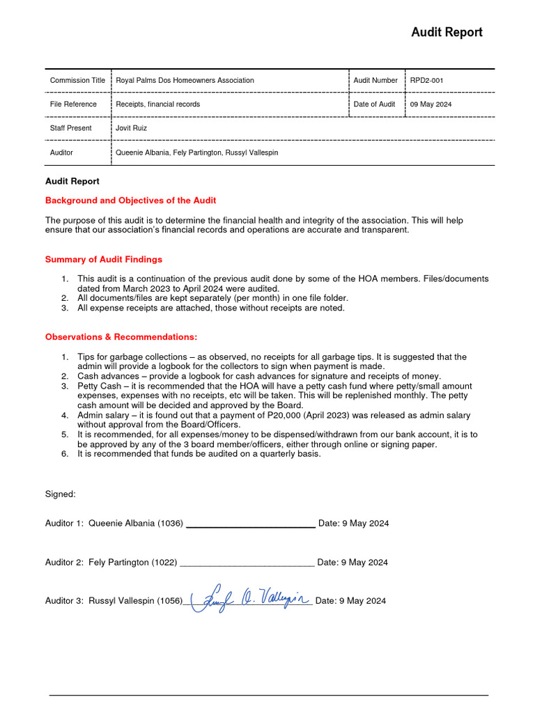 Royal Palms HOA Audit Report 2024 | PDF | Finance & Money Management