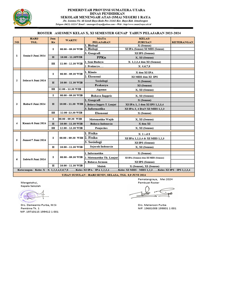 Roster Ujian Semester Genap Kls. X, Xi Tahun 2024 | PDF
