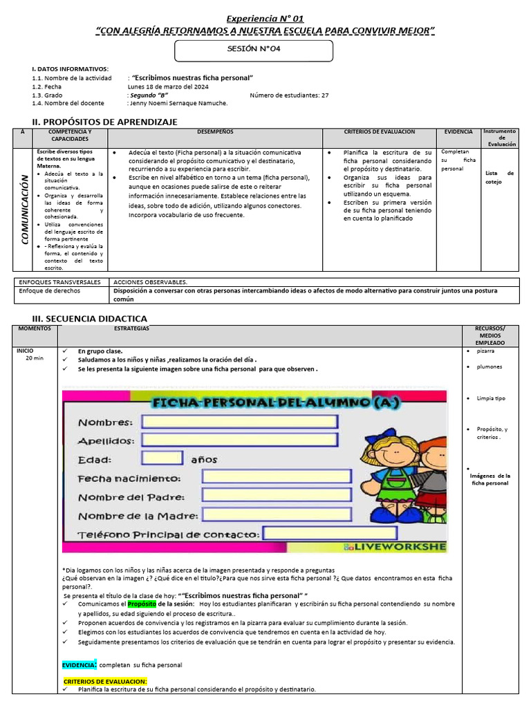 SESIÓN 04 COMU Escribimos Nuestra Ficha Personal NOEMI | PDF | Evaluación | Comunicación humana