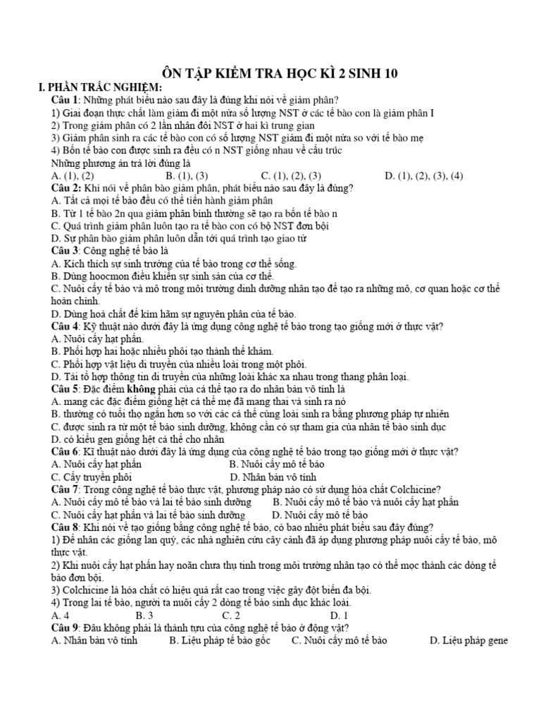 Ôn Tập Kiểm Tra Học Kì 2 Sinh 10 2324 | PDF