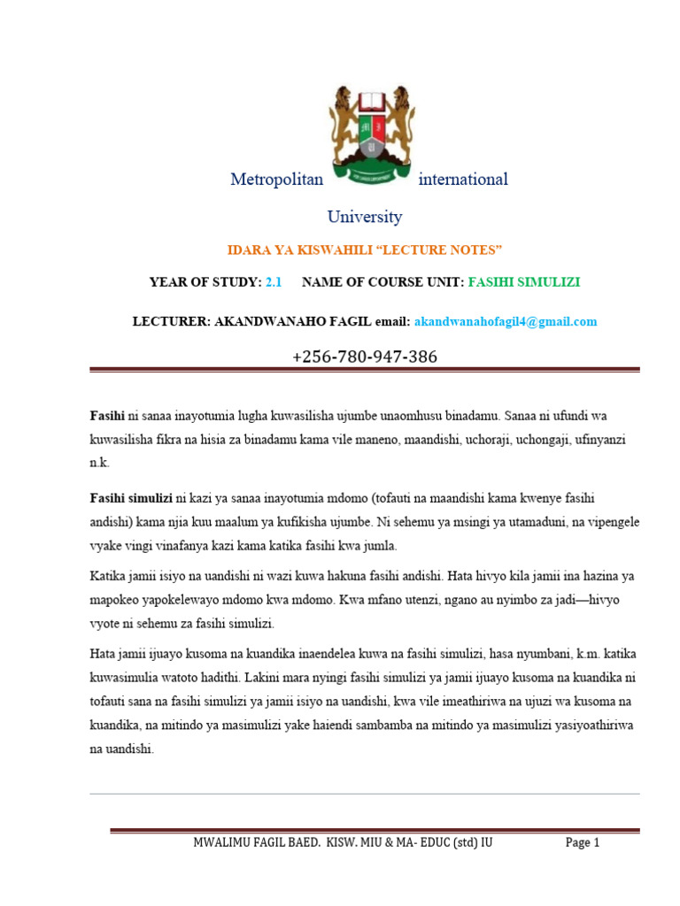 Fasihi Simulizi 2.1 | PDF