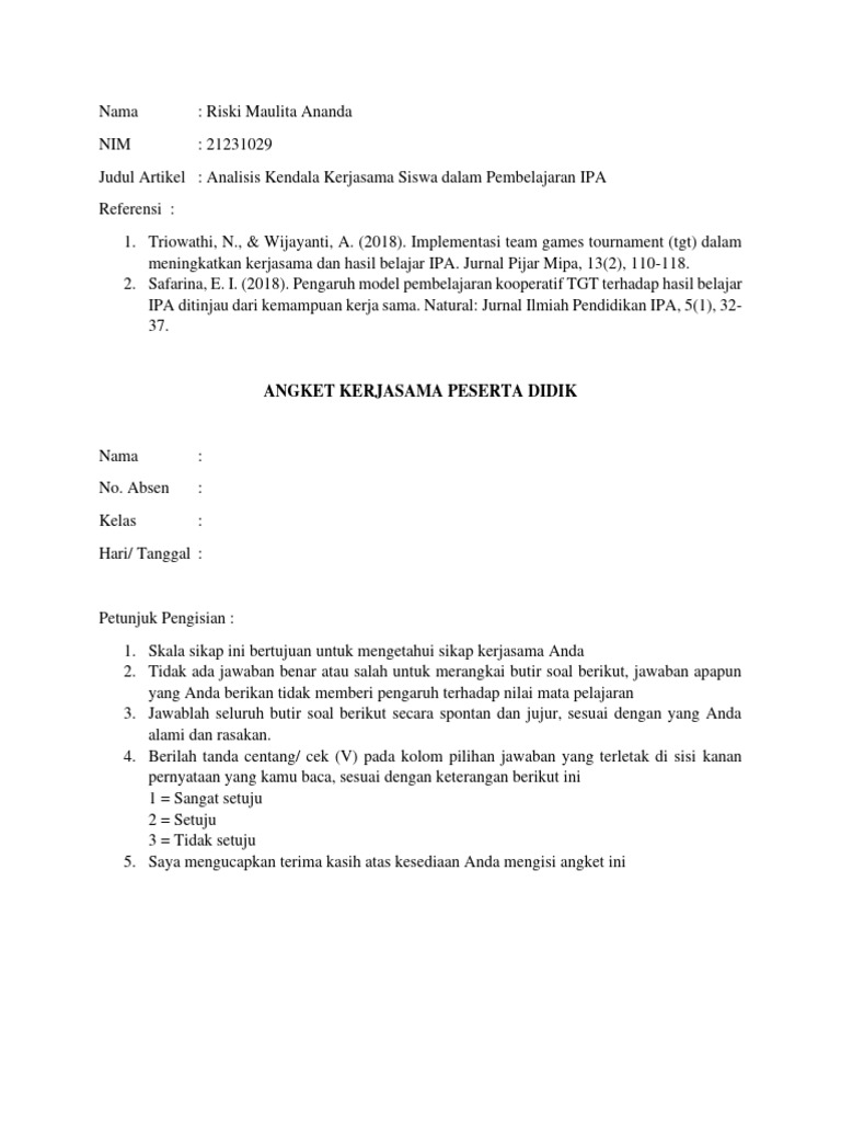 Instrumen Angket Analisis Kendala Kerjasama Siswa | PDF | Karier ...
