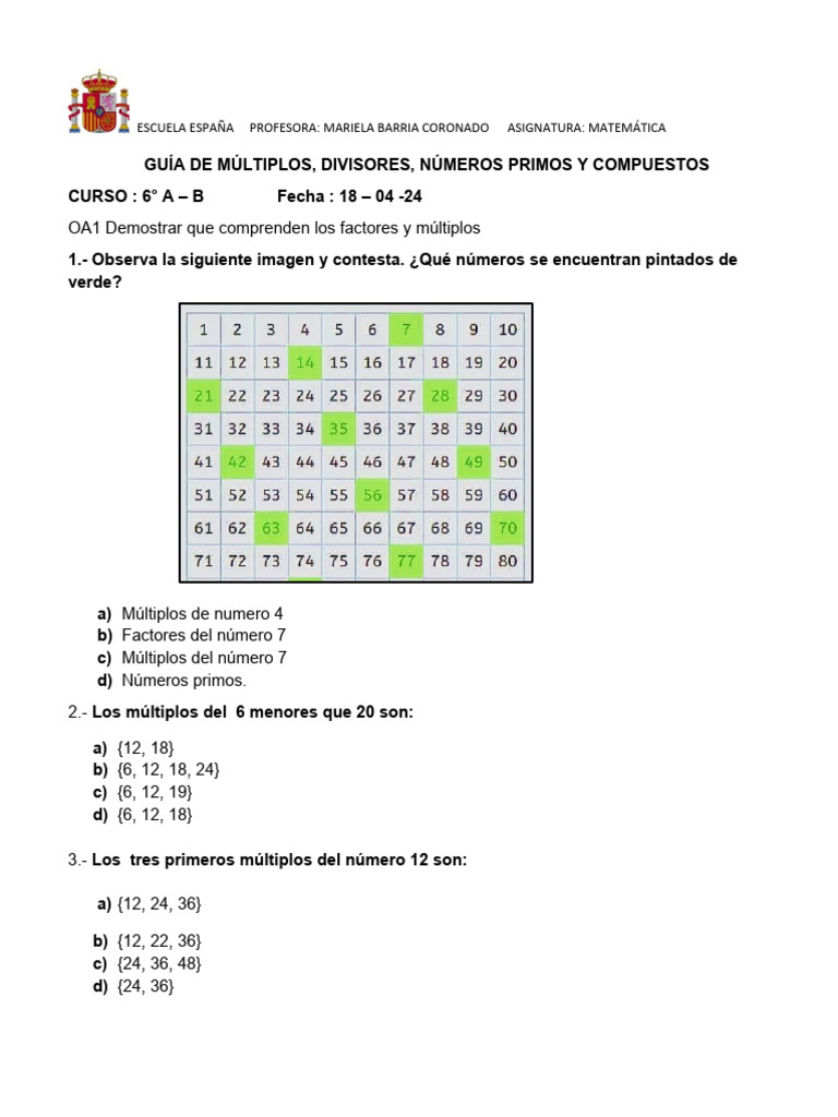 GUÍA DE MÚLTIPLOS Y DIVISORES 6° A - B | PDF | Número primo ...