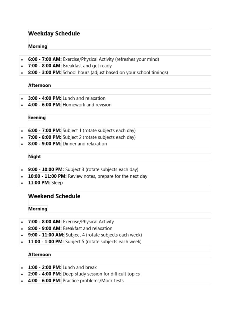 Weekday Schedule | PDF | Relaxation (Psychology) | Sleep