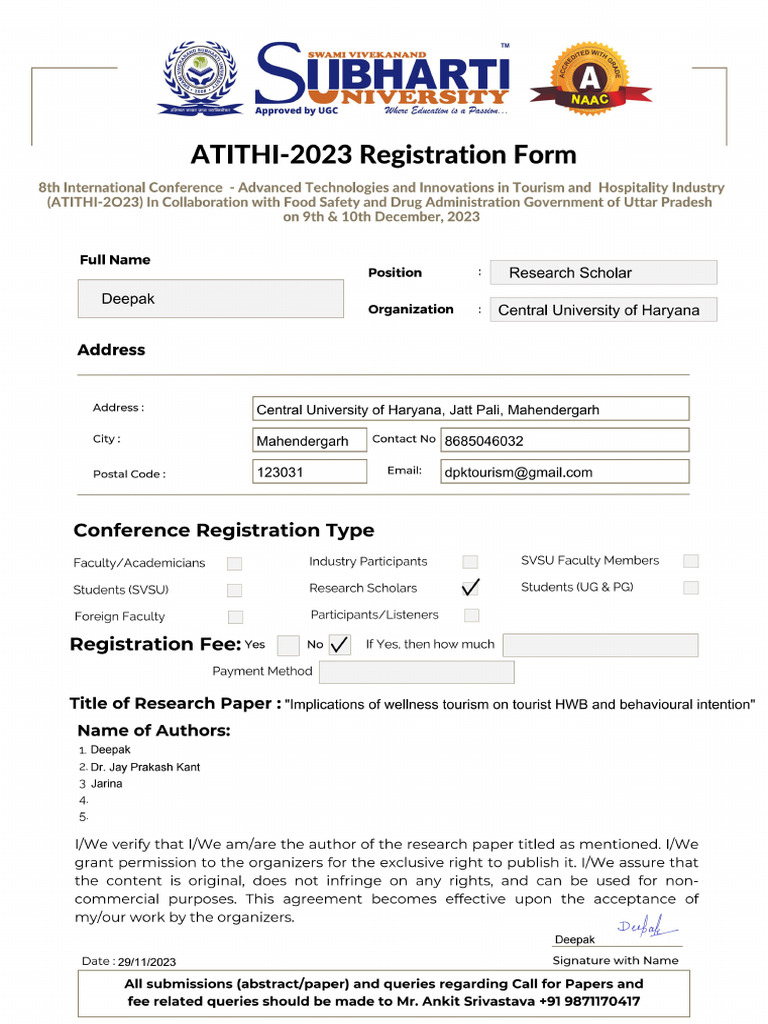 ATITHI-2023 Registration Form | PDF