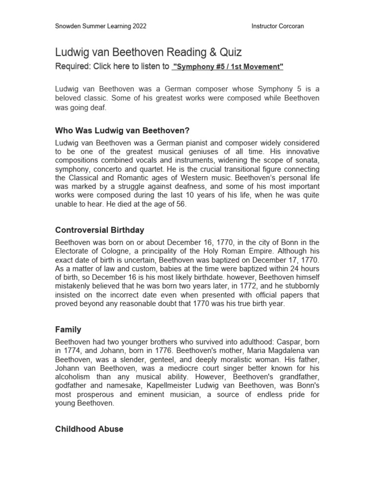 6 - Beethoven Reading - Quiz | PDF | Ludwig Van Beethoven | Wolfgang ...