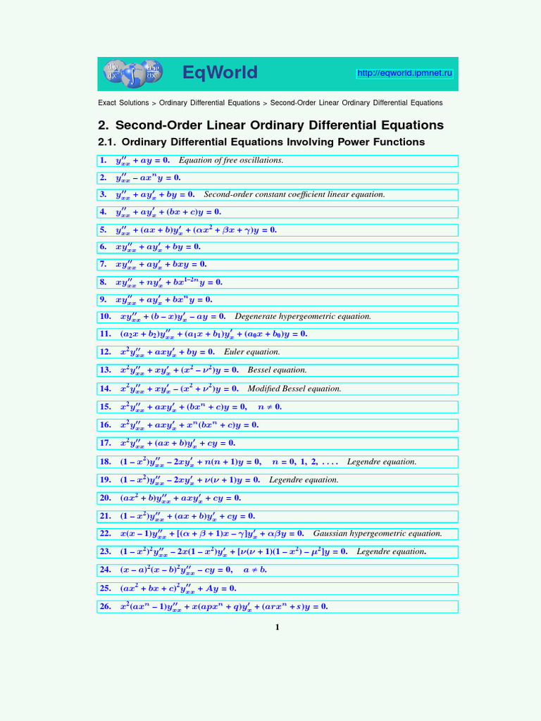Second Order Linear Ordinary Differential Equations Pdf