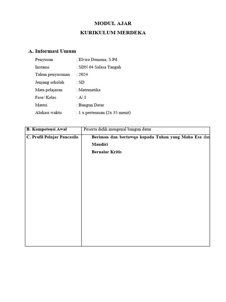 Modul Ajar Mat Bangun Datar Lengkap | PDF