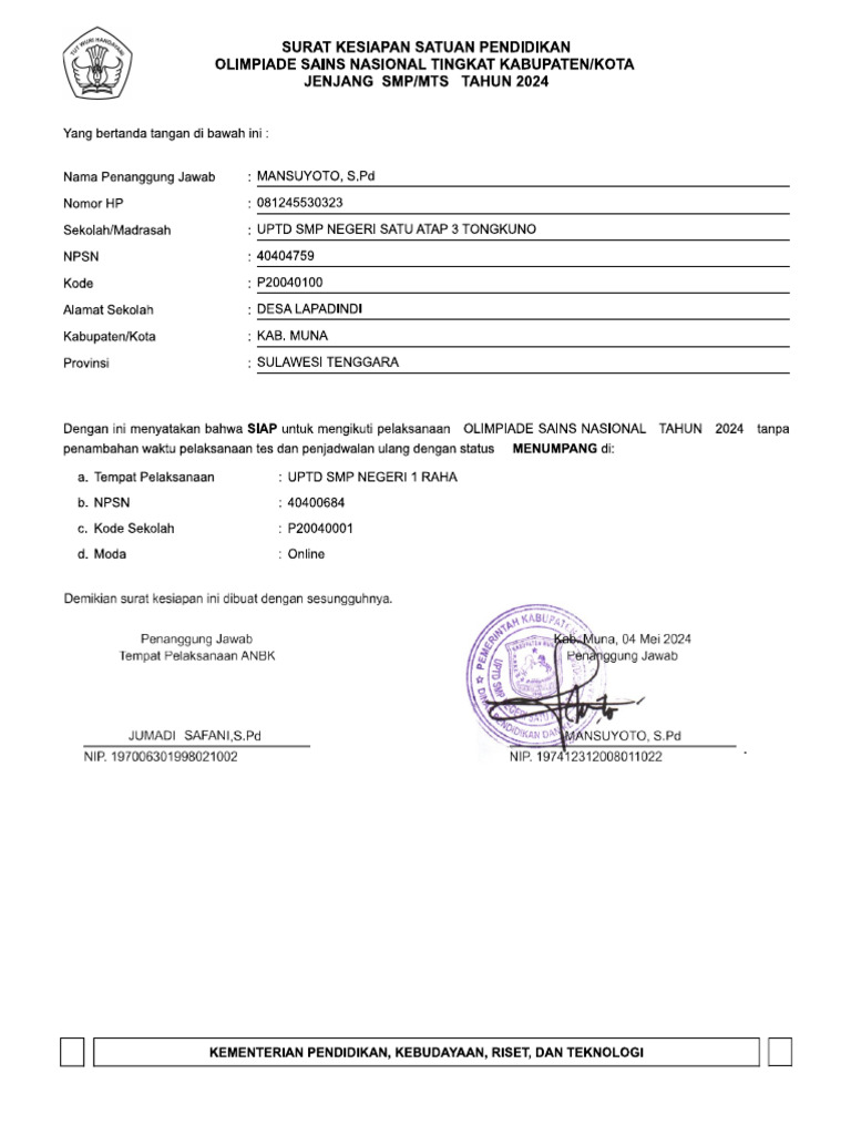 Surat Kesiapan OSNK TTD | PDF