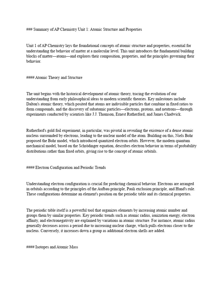Summary of AP Chemistry Unit 1 | PDF | Atoms | Ion