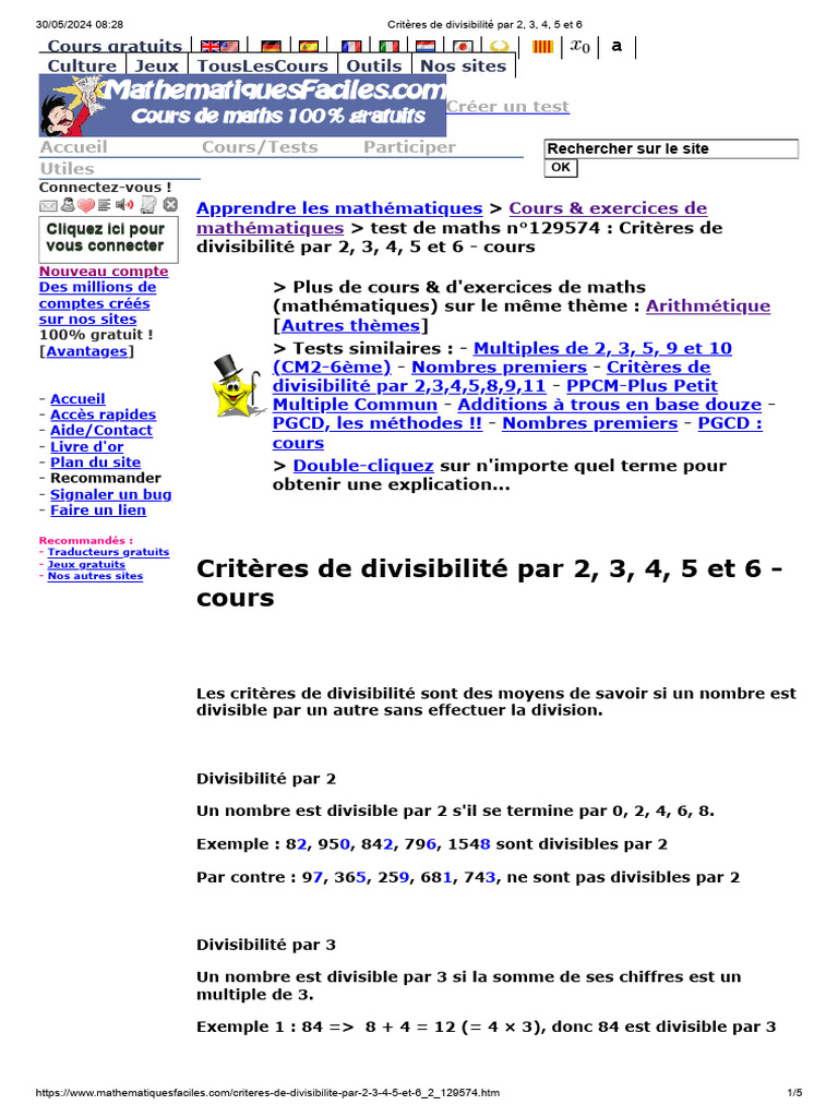 Critères de Divisibilité Par 2, 3, 4, 5 Et 6 | PDF | Mathématiques