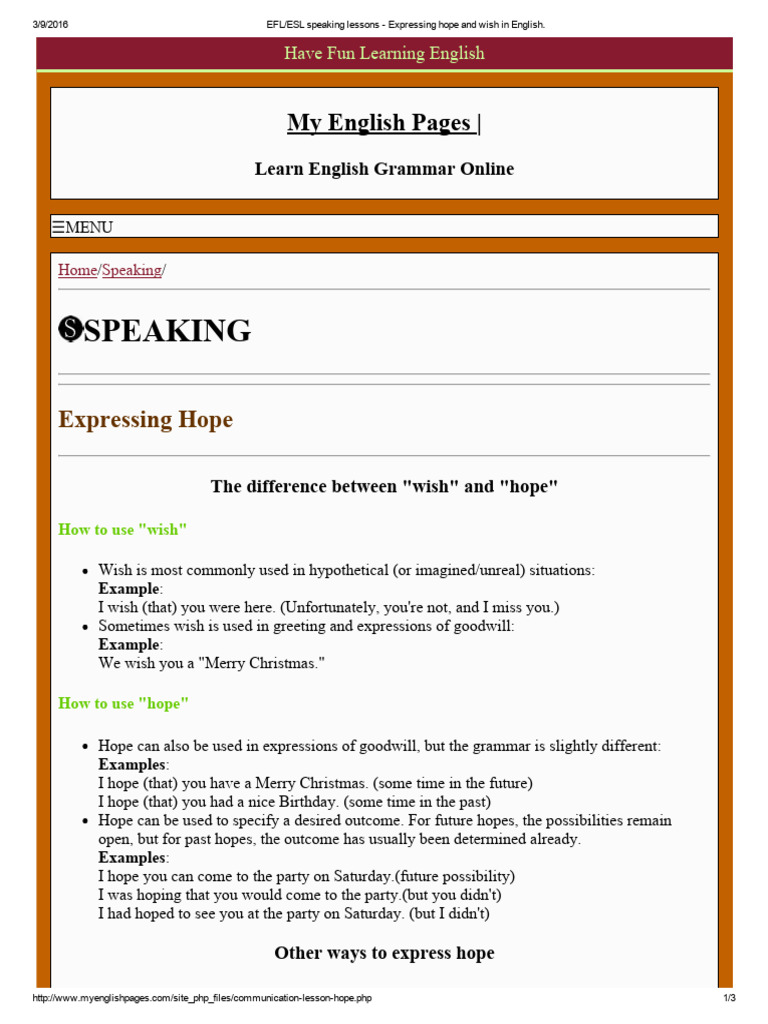 EFL - ESL Speaking Lessons - Expressing Hope and Wish in English | PDF ...