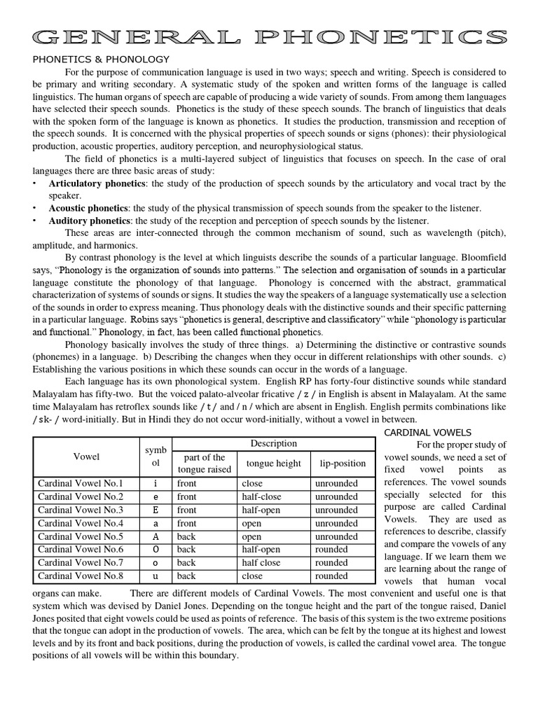2.1 General Phonetics, Cardinal Vowels & Consonants | Download Free PDF ...