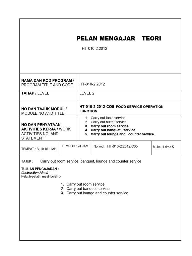Level 2 Food Service Operations | PDF | Menu | Lunch