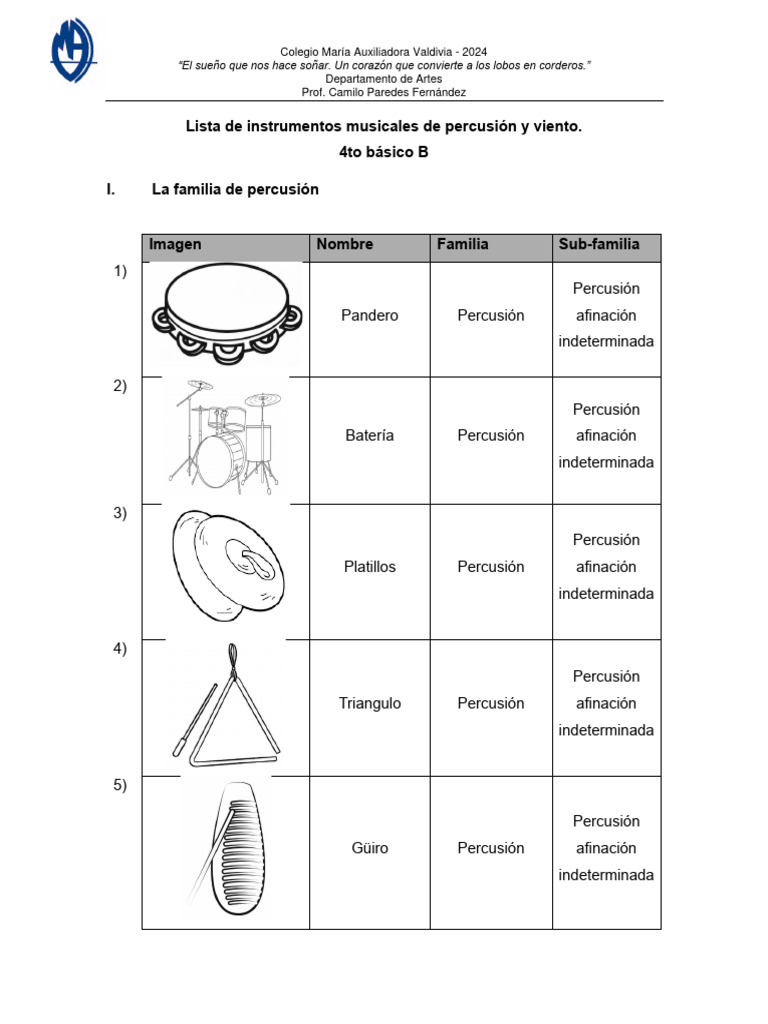 Lista de Instrumentos Musicales - 4to Básico B - 102916 | PDF ...