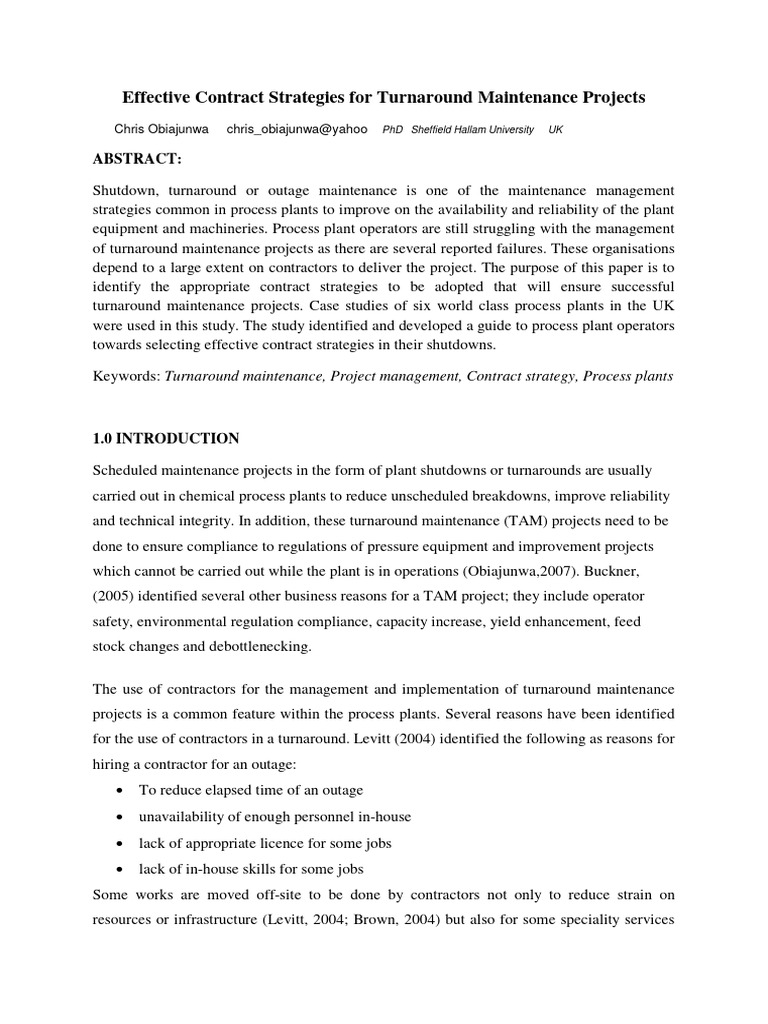 Effective Contract Strategies For Turnaround Maintenance Projects | PDF | Employment | Outsourcing