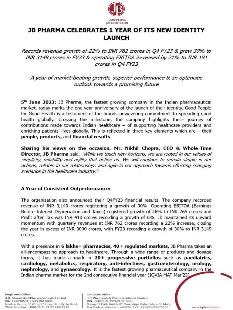Press Release - JB Pharma | PDF | Pharmaceutical Industry | Health Care