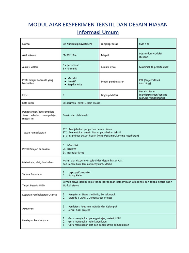 Modul Ajar Eksperimen Tekstil Dan Desain Hiasan Informasi Umum | PDF