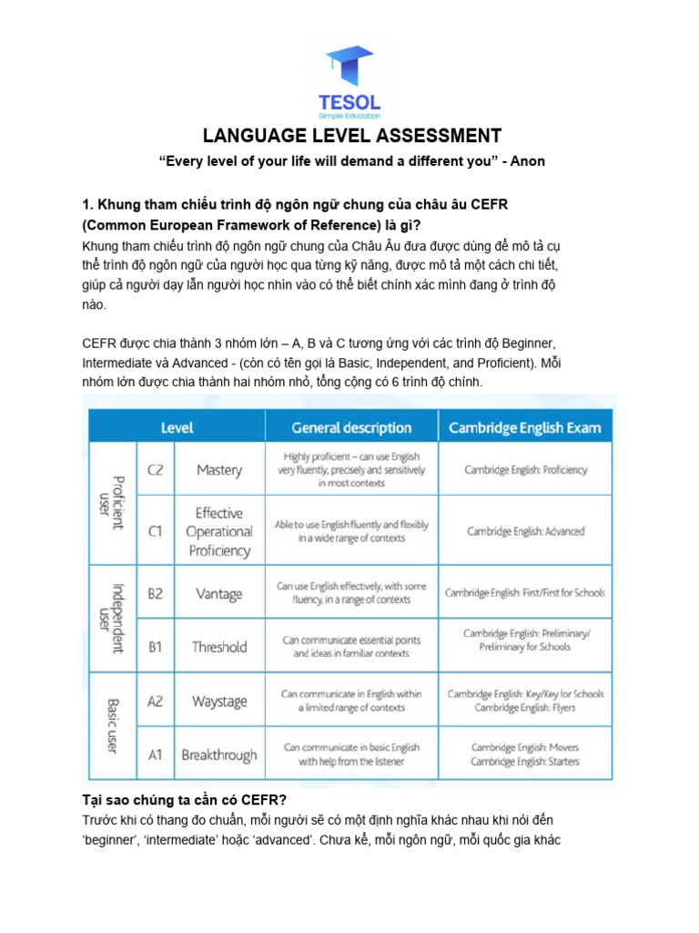 Guideline - Language level assessment & CEFR | PDF