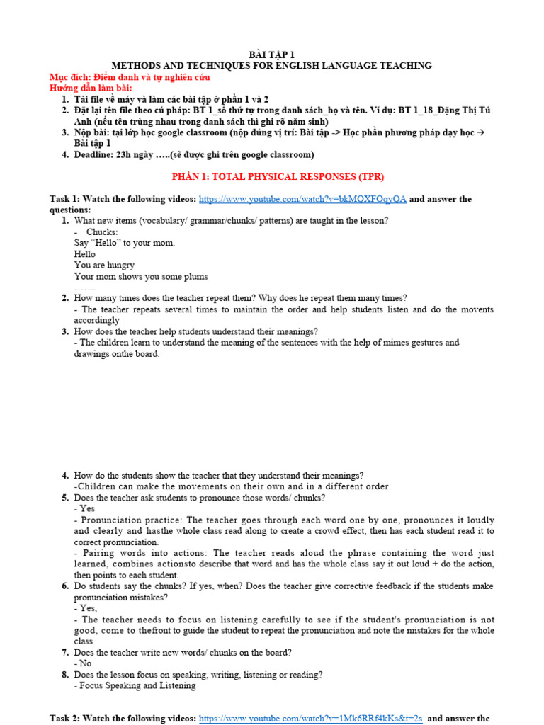 BÀI TẬP 1 - TPR and TBL | PDF | Learning | Human Communication
