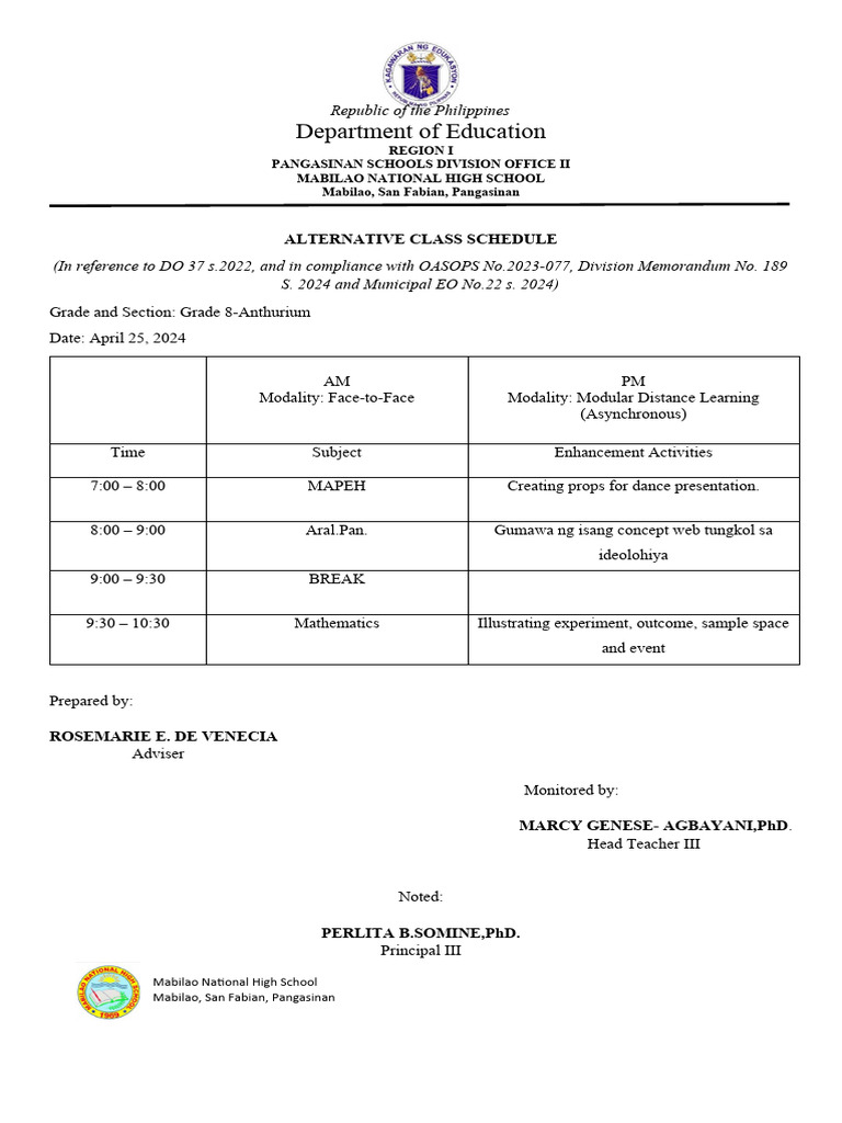 Mabilao National High School Class Schedule | PDF