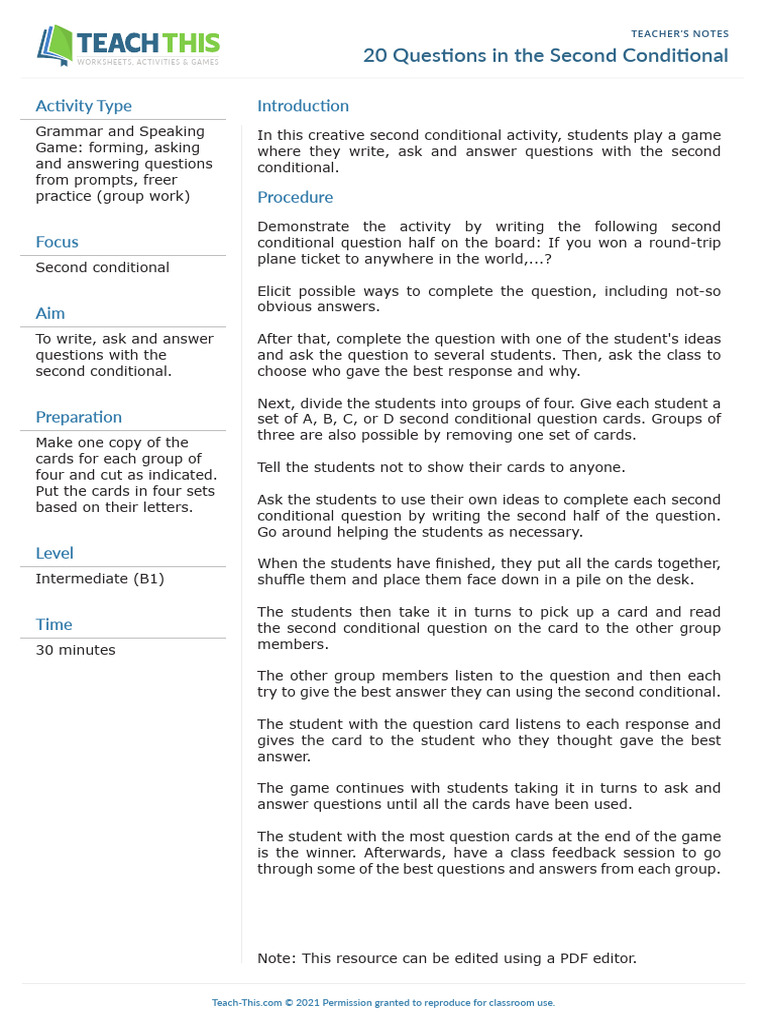 20 Questions In The Second Conditional Pdf Question Human Communication