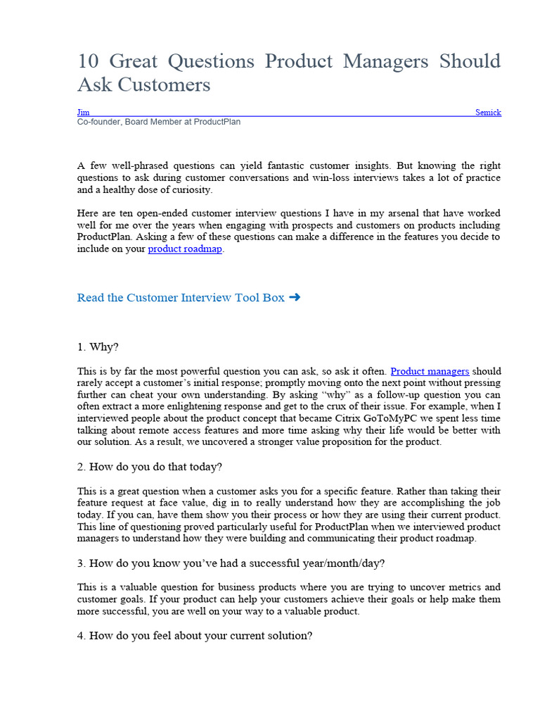 10 Great Questions Product Managers Should Ask Customers | PDF ...