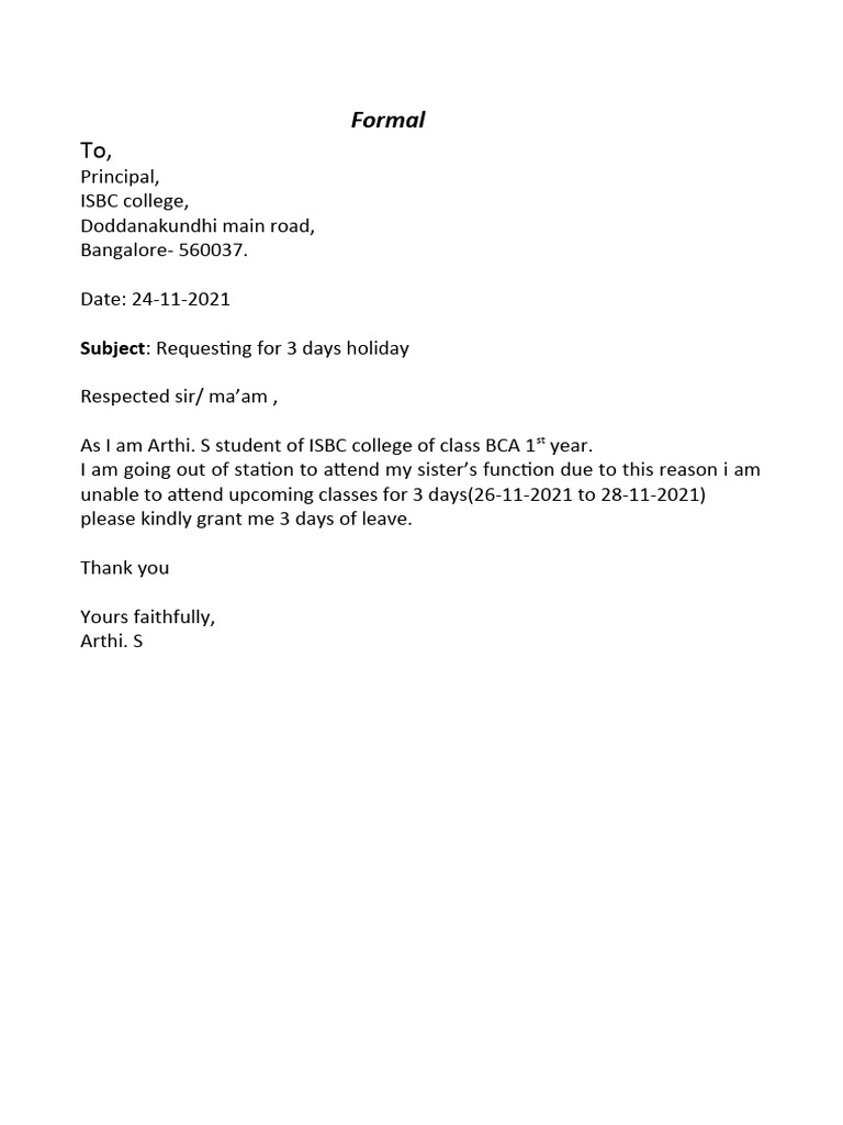 Request for 3-Day Leave from College | PDF